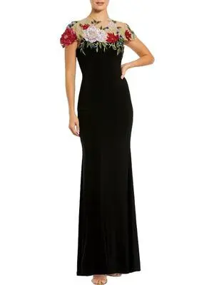 Mac Duggal Floral Embellished Jersey Gown - Black Multi