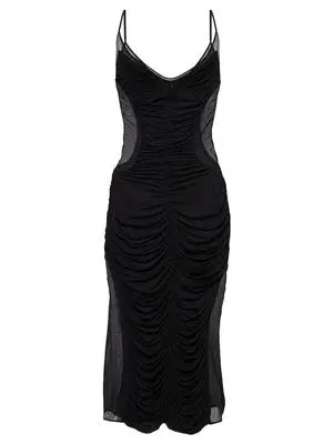 MUGLER Ruched Mesh Midi Dress - Black