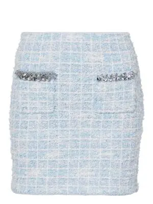 SELF-PORTRAIT Checked Embellished Tweed Miniskirt - Blue