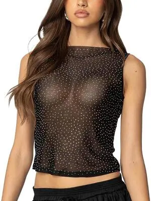 EDIKTED Rhinestone Mesh Top - Black