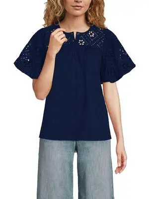 LANDS' END Lands' End Eyelet Crew Puff Sleeve Top Deep Sea Navy