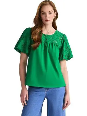 LANDS' END Lands' End Eyelet Crew Puff Sleeve Top Vibrant Clover