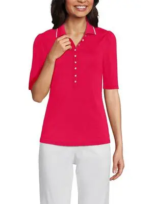 LANDS' END Elbow Sleeve Embellished Polo - Berry Rouge/ivory