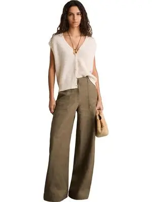 REISS Linen Wide-leg Trousers - Khaki