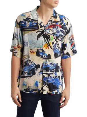 Hugo Espino Race Car Print Camp Shirt - Open Blue