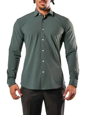 MACEOO Fibonacci Micropattern Stretch Cotton Blend Button-up Shirt - Green