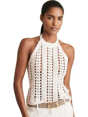 REISS Cally Cotton Crochet Halterneck Top - White