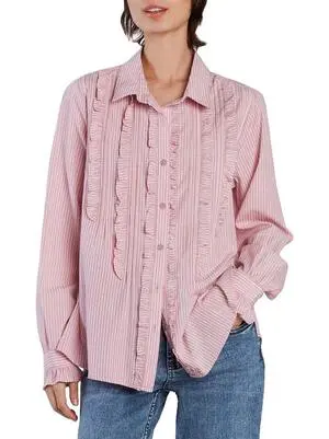 WASH LAB DENIM Ruffle Stripe Tuxedo Shirt - Dusty Rose Stripes
