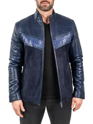 MACEOO Pythonshield Snakeskin Embossed Leather Jacket - Blue