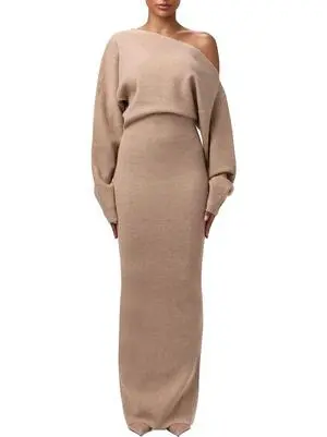 Naked Wardrobe One-shoulder Maxi Sweater Dress - Taupe