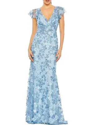 Mac Duggal Embroidered Applique Flutter Sleeve Gown - Blue