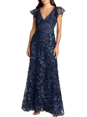 Mac Duggal Embroidered Applique Flutter Sleeve Gown - Midnight