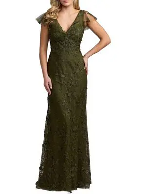 Mac Duggal Embroidered Appliqué Flutter Sleeve Gown - Olive