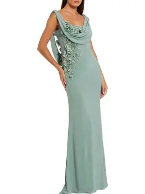 Mac Duggal Sleeveless Beaded Cowl Neck Gown - Sage