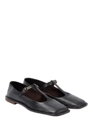 THE ROW Square T-strap Leather Flats - Black