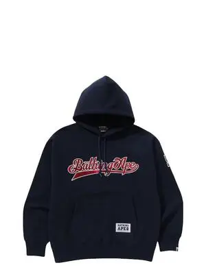 A BATHING APE Baseball Logo Relaxed Fit Pullover Hoodie - Navy Blue