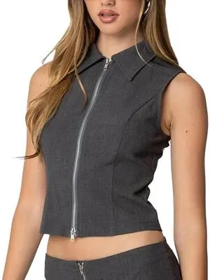 EDIKTED Allie Collared Zip Up Top - Dark Gray