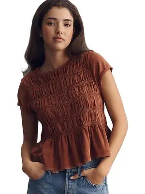 PILCRO Tab Ruched Cap-sleeve T-shirt - Coconut Shell