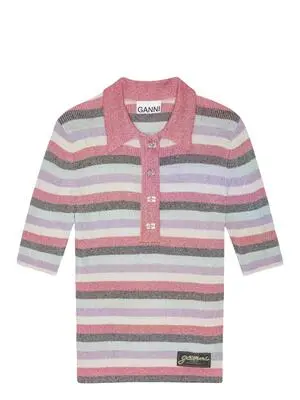 GANNI Striped Lurex-knit Polo Shirt - Pink
