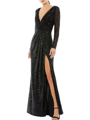 Mac Duggal Sequined Long Sleeve Gown - Black