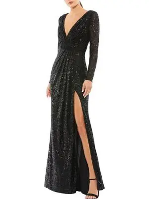 Mac Duggal Sequined Long Sleeve Gown With High Slit - Black