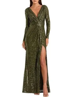 Mac Duggal Sequined Long Sleeve Gown - Olive