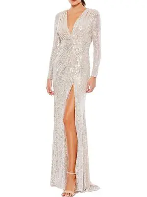 Mac Duggal Mac Duggal Sequined Long Sleeve Gown Silver
