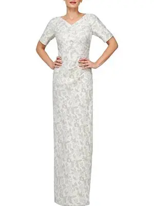 Js Collections Valerie Metallic Floral Jacquard Gown - Silver Mist