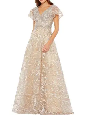 Mac Duggal Mac Duggal Embellished Illusion Butterfly Sleeve A-Line Gown 715