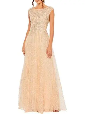 Mac Duggal High Neck Embroidered Gown - Peach