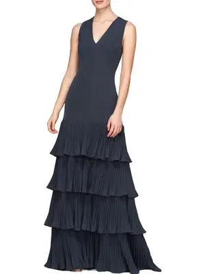 KAY UNGER Angelique Pleated Tiered Gown - French Navy