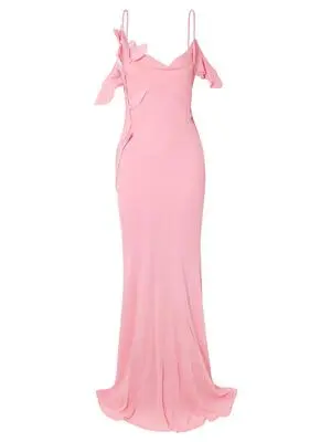 SELF-PORTRAIT Appliquéd Ruffled Cold-shoulder Georgette Maxi Dress - Pink