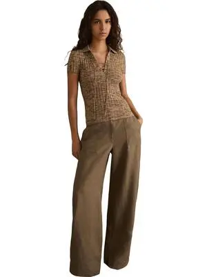 REISS Poppy Lace-up Ribbed Knit Top - Camel Marl