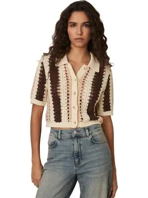 REISS Roni Cotton Crochet Striped Shirt - Cream/brown