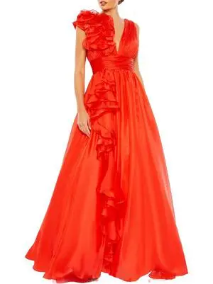 Mac Duggal Ruffle Shoulder V-neck Chiffon Gown - Cherry