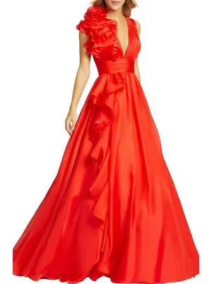 Mac Duggal Ruffle Shoulder V-Neck Chiffon Gown Cherry