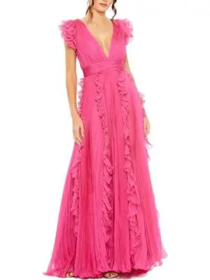 Mac Duggal Pleated Ruffle Cap Sleeve A-line Gown - Fuchsia