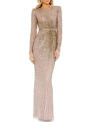 Mac Duggal Embellished Puff Sleeve Gown - Mocha
