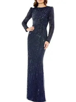 Mac Duggal Embellished Puff Sleeve Side Knot Gown Navy