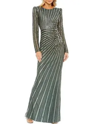 Mac Duggal Embellished Puff Sleeve Side Knot Gown Slate Grey-0