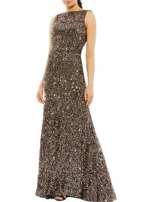 Mac Duggal Open Cowl Back Sequined Evening Gown - Bronze
