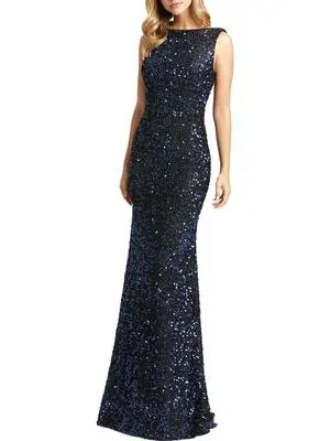 Mac Duggal Open Cowl Back Sequined Evening Gown - Midnight