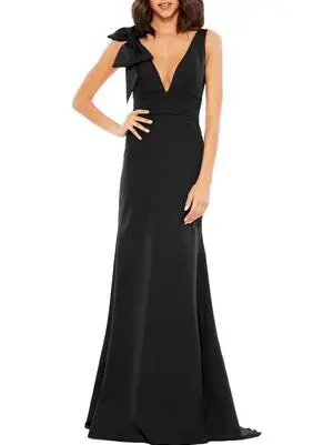 Mac Duggal Sleeveless V-neck Bow Detail Mermaid Gown - Black