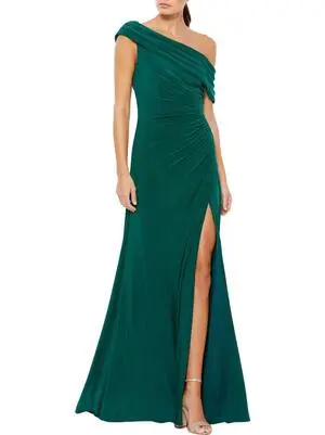 Mac Duggal MAC DUGGAL Sleeveless Off-the-Shoulder Gown With Slit Emerald