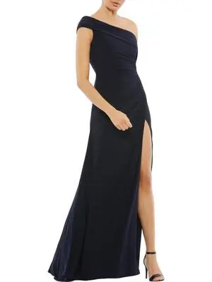 Mac Duggal Foldover Off-the-shoulder Slit Gown - Navy