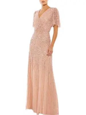 Mac Duggal Embellished Flutter Sleeve Gown - Nude