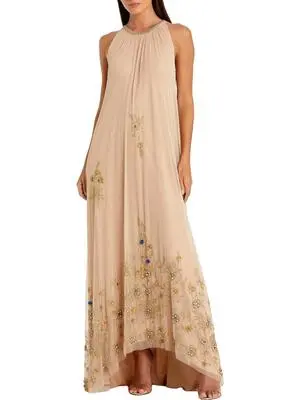 Mac Duggal High Neck Embellished Gown - Nude Gold