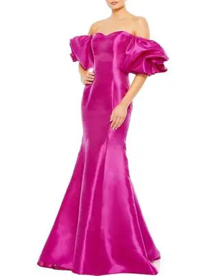 Mac Duggal Sweetheart Off-the-shoulder Puff Sleeve Gown - Fuchsia