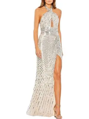Mac Duggal Embellished Halter Gown - Nude Silver