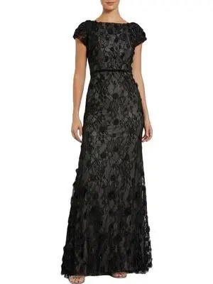 Mac Duggal Floral Appliqué Boat Neck Gown Black